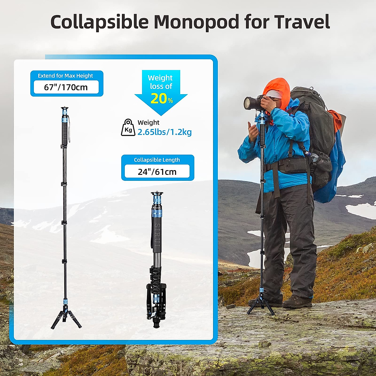 SIRUI P-325FL Carbon Fiber Monopod with Feet, 67" Professional Monopod for Cameras, Lightweight Travel Monopod for DSLR Camera, Max Load 22lbs, 360° Panorama, 5-Section, Quick Release Plate