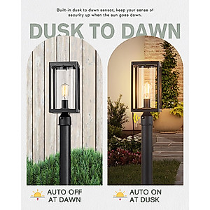 Beionxii Outdoor Post Lights, Dusk to Dawn Large Lamp Post Light Fixture, Black Cast Aluminum w/Clear Cylinder Glass (20" x 7") - A291P-1PK/S