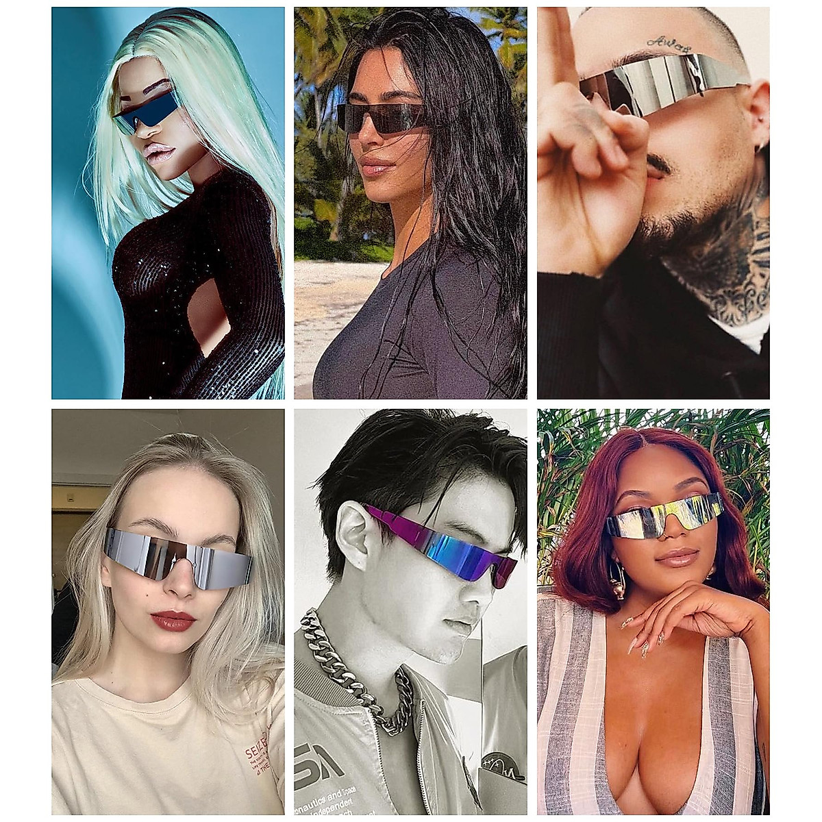 NULOOQ Y2K Rimless Futuristic Wrap Around Sunglasses Women Men, Trendy Cyberpunk Visor Sunglasses Monoblock Cyclops Shades (Black/Gray + Silver/Silver Mirrored) - 2 Pack