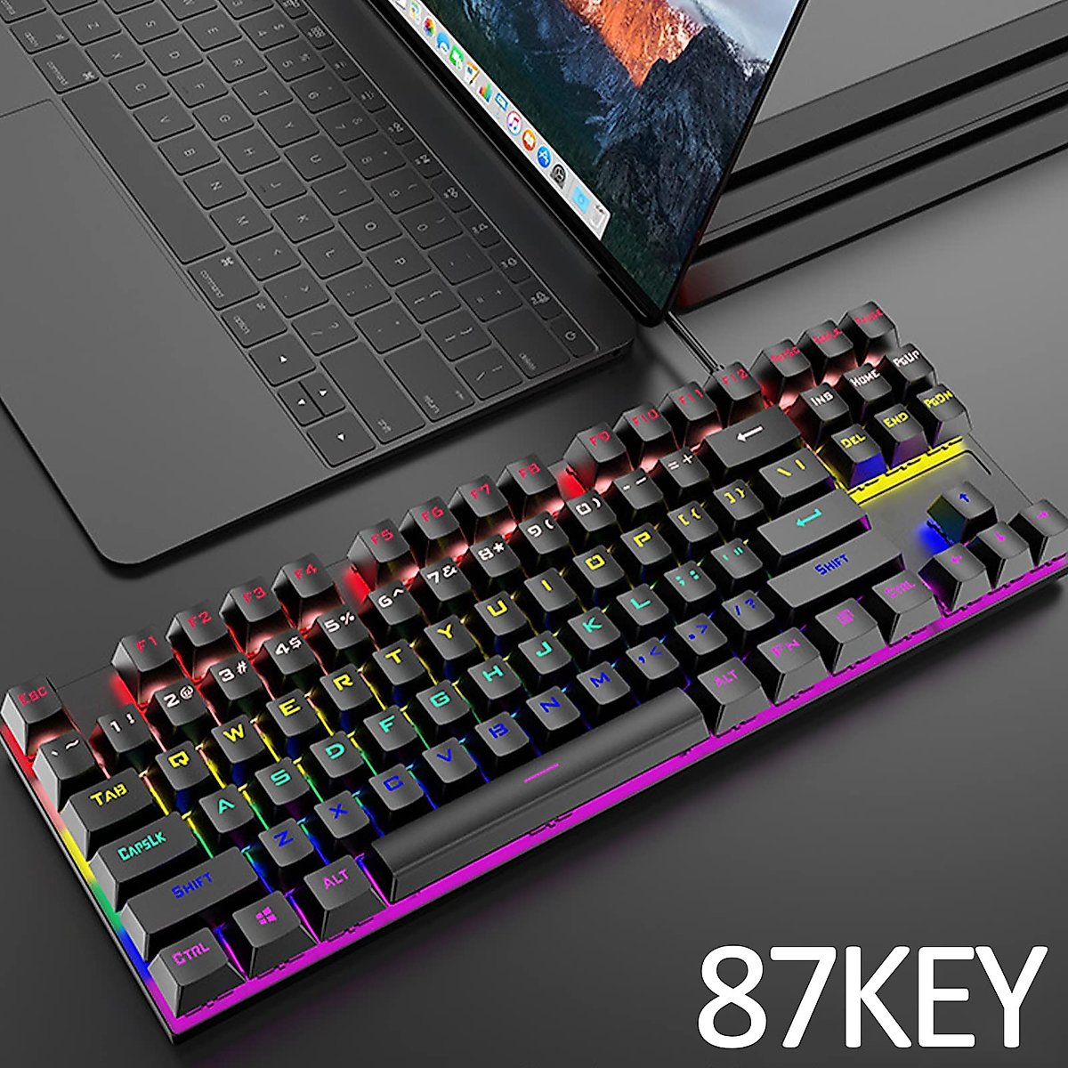 PURPLELU USB Wired Gaming Keyboard, 87-Key Mechanical Keyboard, Convenient Luminous Blue Axis Keyboard, for Playing Games