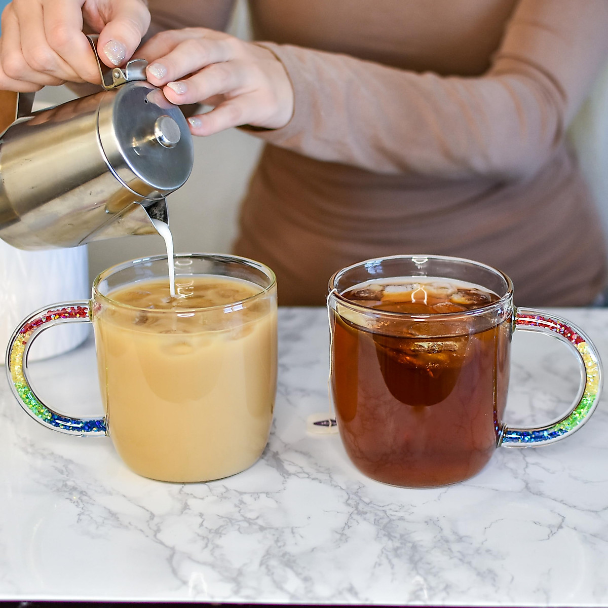 Aquach Large Glass Mugs Set of 2, Each 20oz Capacity with Handle Clear Glass Coffee, Tea, Beverage Cups