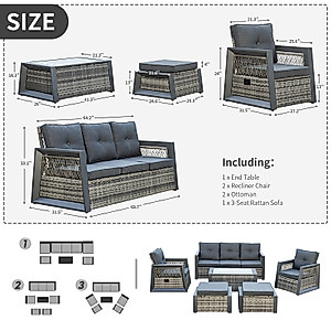 Outdoor Furniture Set, 6 Pcs Patio Furniture Set with Aluminum Frame, Wicker Recliner Chairs with Ottomans, Modern Outdoor Conversation Sets Sectional Sofa, Rattan Patio Set with Storage Table (Grey)