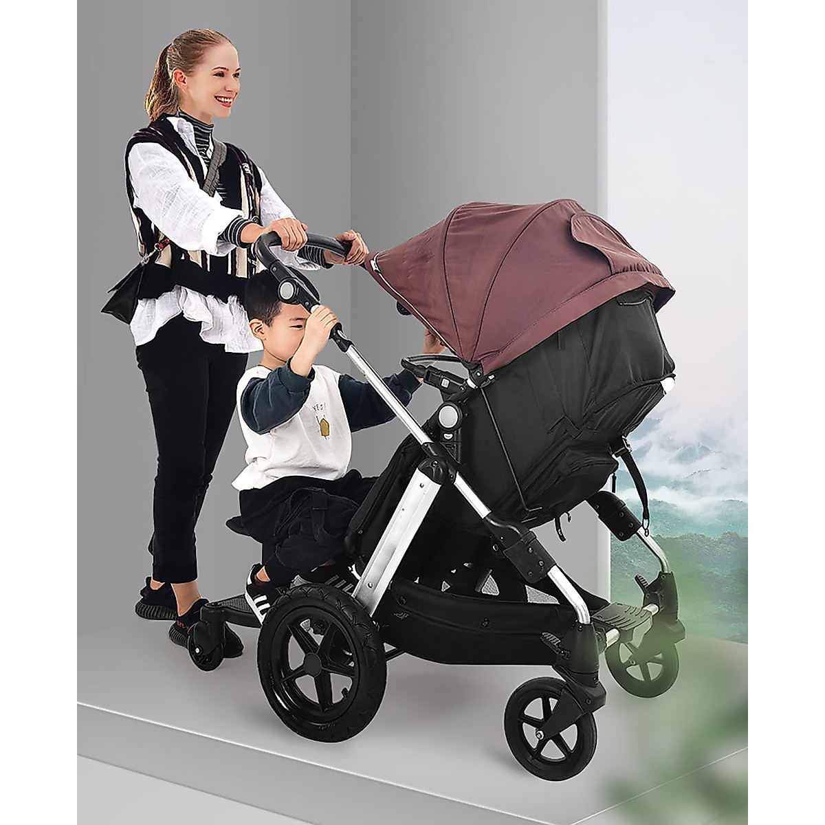 Gdrasuya10 55 x 33 x 36 cm Universal Pram Pedal Adapter, Comfort Wheeled Board Stroller Ride Board with Detachable Seat, Holds Children Up to 25kg
