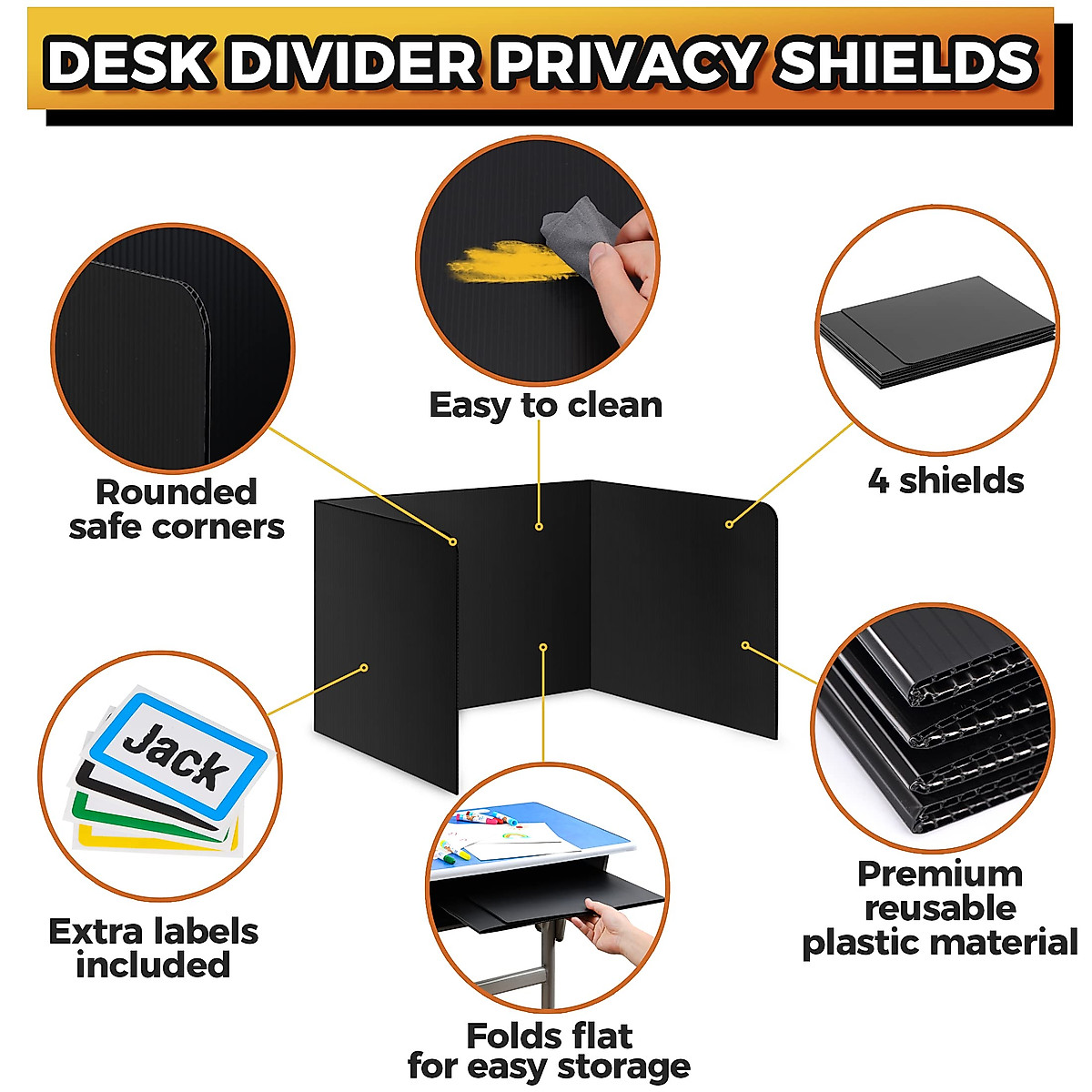 4-Pack Desk Dividers for Students - Durable & Waterproof Plastic Study Carrel Divider, Classroom Folders Teacher Supplies, Easy-to-Clean Plastic Privacy Shield Folder Boards for Student Desks, Black