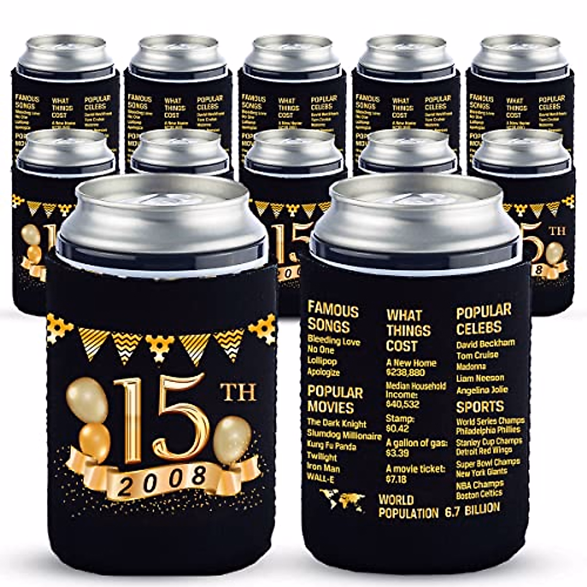 Yangmics 15th Birthday Can Cooler Sleeves Pack of 12-15th Anniversary Decorations- 2008 Sign - 15th Birthday Party Supplies - Black and Gold the fifteenth Birthday Cup Coolers