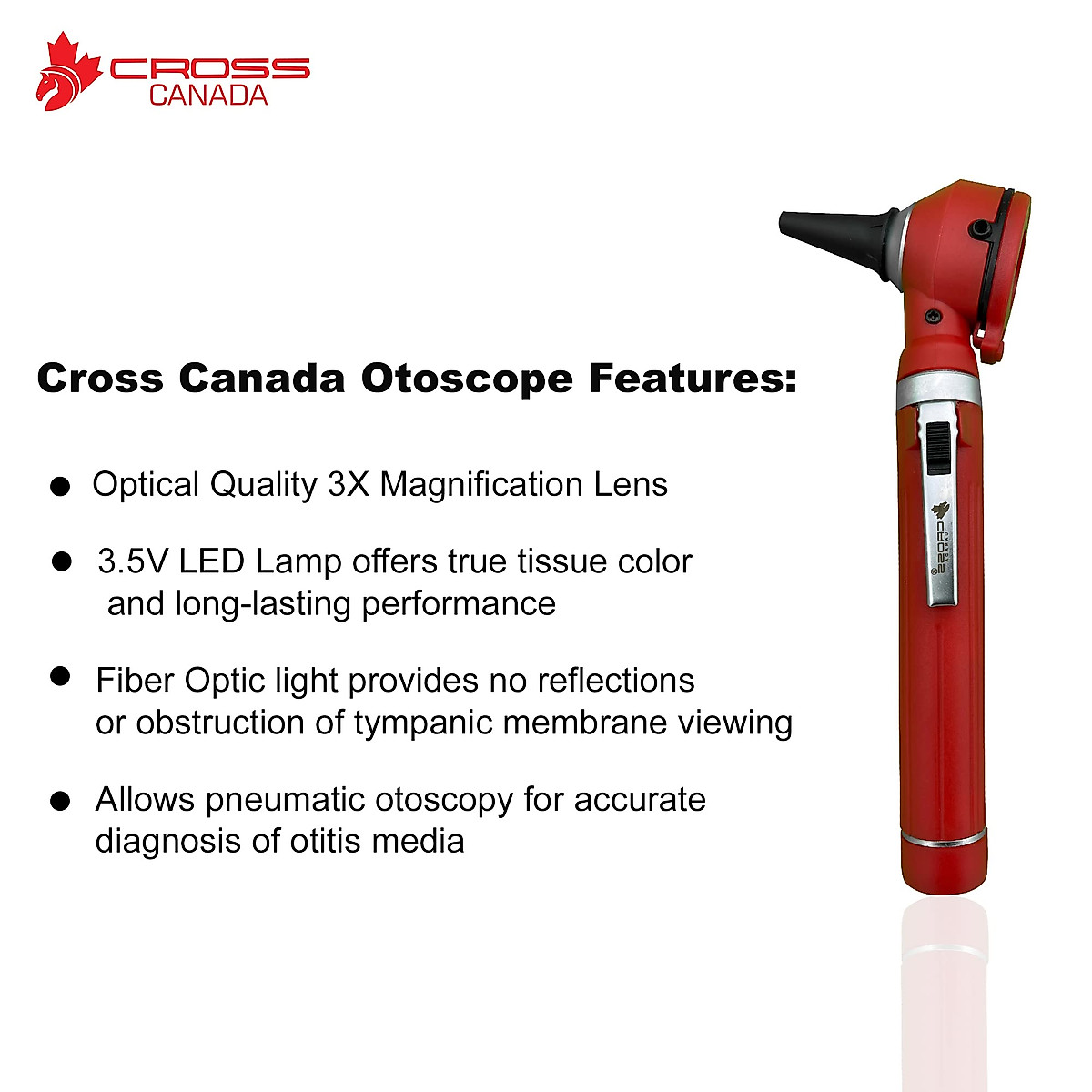 Cross Canada 11-082 Physician Fiber Optic LED Pocket Otoscope Diagnostic Set - Red