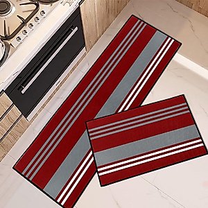 Tayney Burgundy Stripes Kitchen Rugs and Mats Non Skid Washable Set of 2, Red Grey Lines Kitchen Mats for Floor, Abstract Geometric Kitchen Runner Rug Vintage Kitchen Decor