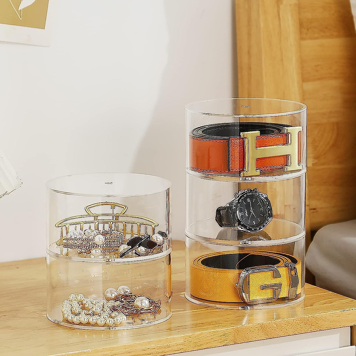 MESAILUP Belt Rack Organizer 3 Layers Acrylic Display Case with Magnet, Acrylic Stackable Drawers Storage Holder for Accessories Like Watches, Jewelry, Makeup, Bracelets, Rings, Craft Toy & Tie