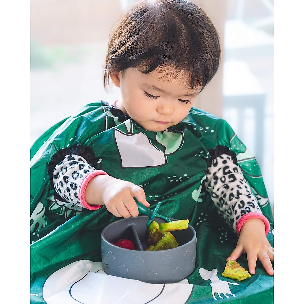grabease Allover Waterproof Bib for Self-Feeding Infants and Toddlers, Machine Washable, Ages 6-24 Months, Forest Green