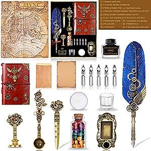 AIYNC Quill Pen and Ink Set, Feather Pen Ink Set With Quill Pen, Notebook, 5 Replaceable Nibs, Seal Stamp, Spoon, Wax Beads, White Wax, Ink, Pen Holder, Cup, Envelope,Letter Paper,Envelope Tool(Blue)
