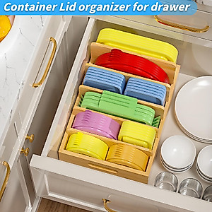 Kiasthome Bamboo Lid Organizers Inside Cabine, Lid Organizer Kitchen Cabinet Organizer with 5 Adjustable Dividers, Food Container Plastic Lids Organizer Holders for Drawer Pantry, Nature