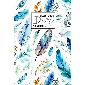 2023 - 2024: 18 Month Diary A5 Week to View on 2 Pages Weekly Journal Agenda WO2P Planner Jul 23 to Dec 24 Horizontal With Moon Phases, UK & US ... Boho Feathers Soft Pastel Blue Tan