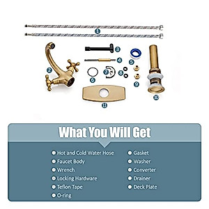 Aolemi Bathroom Sink Faucet Antique Brass Single Hole Cold and Hot Double Handle Cross Knobs Vanity Vessel Sink Basin Mixer Tap with Pop Up Drain with Overflow and Deck Cover Plate