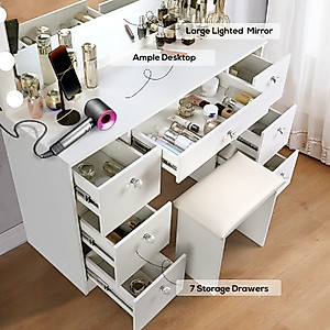 SMOOL Vanity with Lighted Mirror, Makeup Vanity Desk with Power Outlet and LED Bulbs, 3 Color Lighting Modes Adjustable Brightness, 7 Drawers Vanity Table with Cushioned Stool for Women Girls, 44'' L