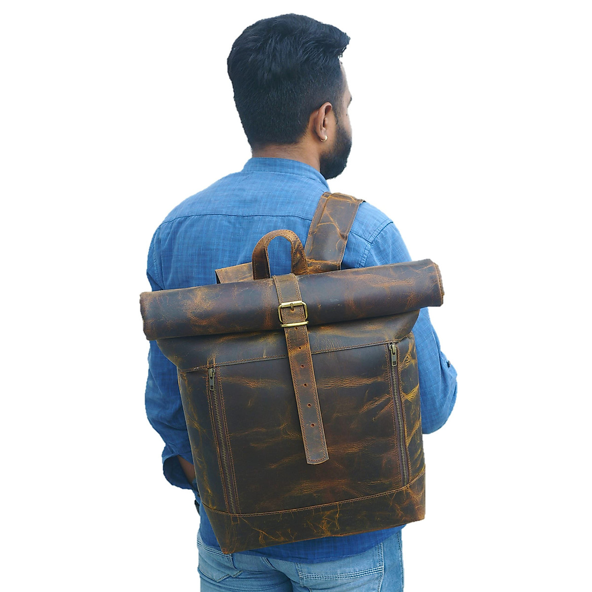 Satchel And Fable Men Leather Vintage Roll on Laptop Backpack Rucksack Bag Brown