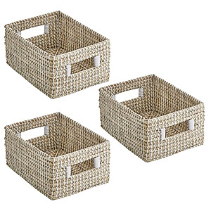 mDesign Seagrass Small Woven 9 Inch Wide Rectangular Organizing Basket w/Built-In Handles for Kitchen, Pantry Shelves, Bathroom Storage; Holds Fruit, Canned Goods - 3 Pack - Natural
