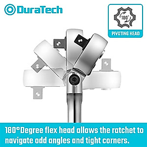 DURATECH 3/8" Drive Flex-Head Ratchet, 72-Tooth Ratchet Wrench, Quick-release, Reversible Switch, Full-Polished Chrome Plating, Alloy Steel