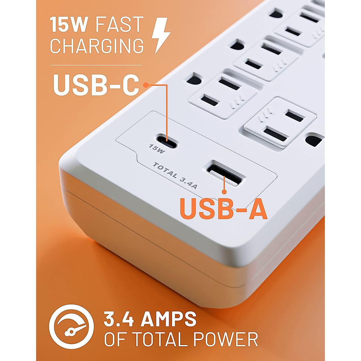 ECHOGEAR PowerBlitz Surge Protector Power Strip with USB-A & USB-C Ports - Low Profile Design with Braided 6' Cord, Flat Plug & 2160 Joules of Multi Outlet Surge Protection - White