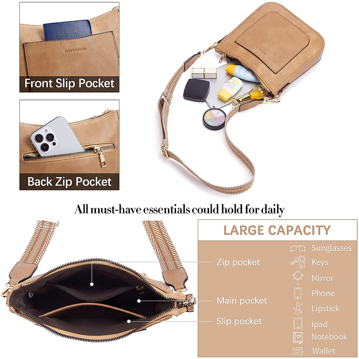 BOSTANTEN Crossbody Bags for Women Trendy Vegan Leather Hobo Handbags Fashion Shoulder Bags Purse with Adjustable Guitar Strap Tan