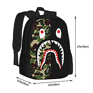 AKMASK 17inch Shark Backpack Green Camouflage 3D Print Laptop Backpack Lightweight Casual Daypack Bookbag