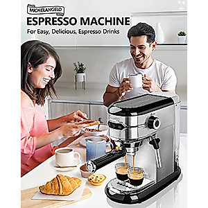 MICHELANGELO Stainless Steel Espresso Coffee Machine with Milk Frother, Small Coffee Maker for Home, 15 Bar - Cappuccino, Latte