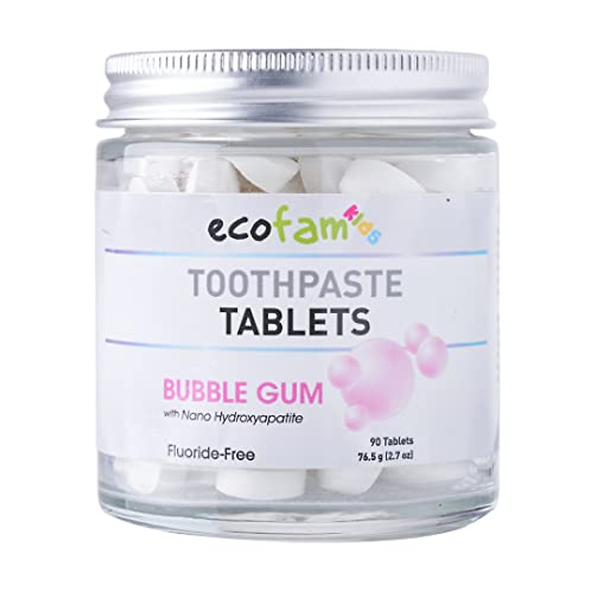 Ecofam Kids Toothpaste Chewable Tablets - 90 Natural Xylitol Tabs - Zero Waste Glass Jar - Travel Friendly - Fluoride-Free -with Nano Hydroxyapatite -Vegan - Made in The USA (Bubble Gum)