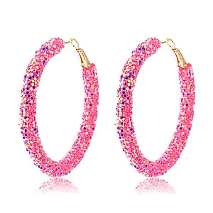 Bohemian Shiny Glitter Sequins Hoop Earrings Wrapped Gold Plated Circle Statement Rhinestone Dangle Drop Earrings for Women Boho Jewelry-pink