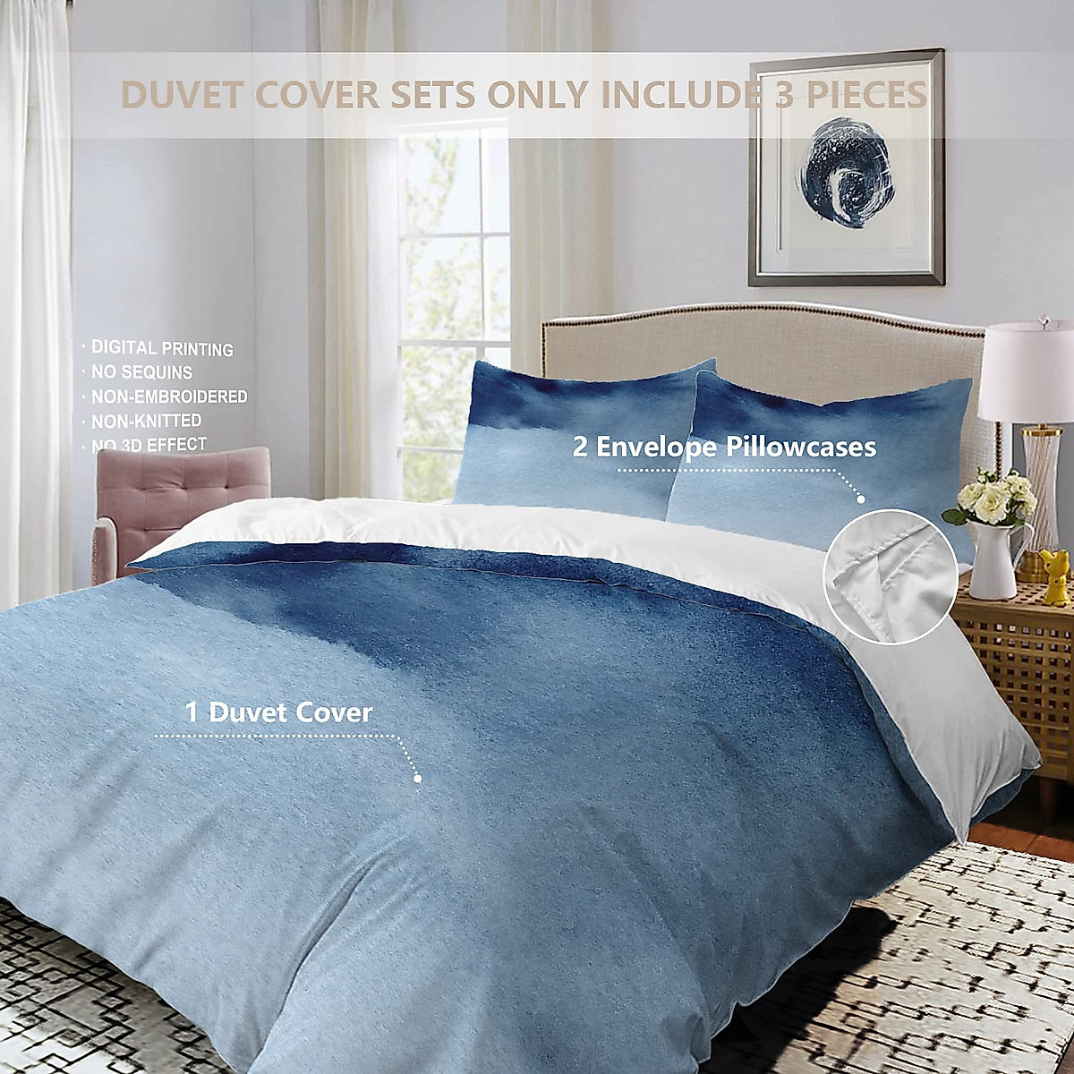 BaoNews Blue Grey Watercolor Ombre Blue Duvet Cover Set King Size,3 Pieces Bedding Set Hotel Quality 100% Cotton Comforter Cover Set with 2 Pillowcases(No Filler)