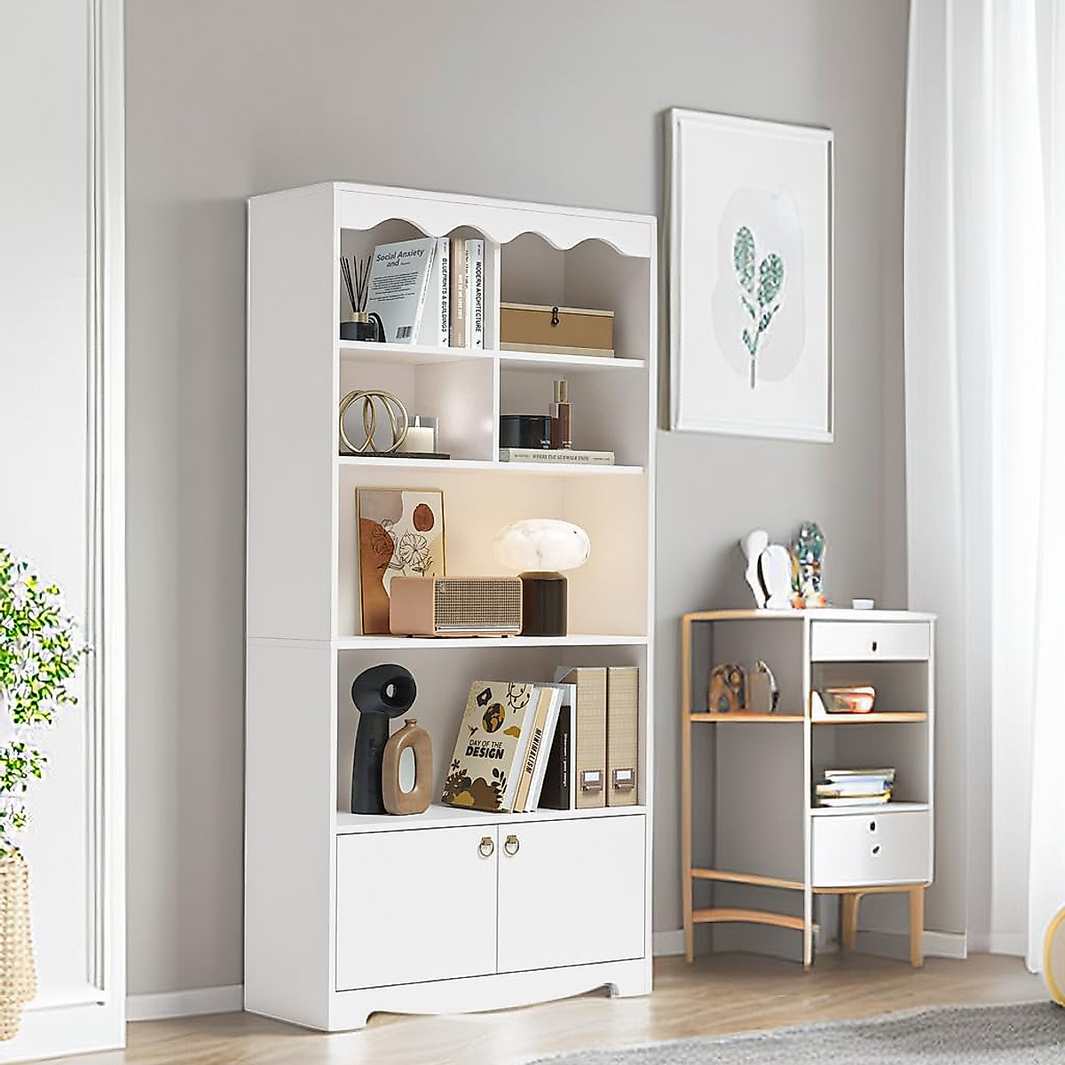 JoanKaren 63 Inches Tall Storage Cabinet, 5-Tier Bookcase, Wooden Bookshelf Storage Organizer, Freestanding Display Storage Cabinet, White Bookcase and Bookshelf for Home Office, Living Room, Bedroom