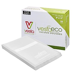 VestaEco Chamber Machine Vacuum Pouches - Certified Commercially Compostable - Flat and Clear Vacuum Sealer Bags - Great for Food Storage and Sous Vide - 8 x 12 inches - 50 Vacuum Seal Bags Per Box