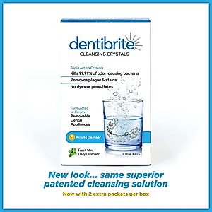 Dentibrite Crystals Cleaner for Removable Dental Appliances - Invisalign Aligners, Retainers, Guards, Dentures, Trays/Aligners - Odor Remover - No Persulfates or Dyes - 30ct - Made in USA