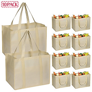 DIOMMELL 10 Pack Reusable Grocery Bags Extra Large Super Strong Heavy Duty Shopping Tote Bags with Reinforced Handles, Beige