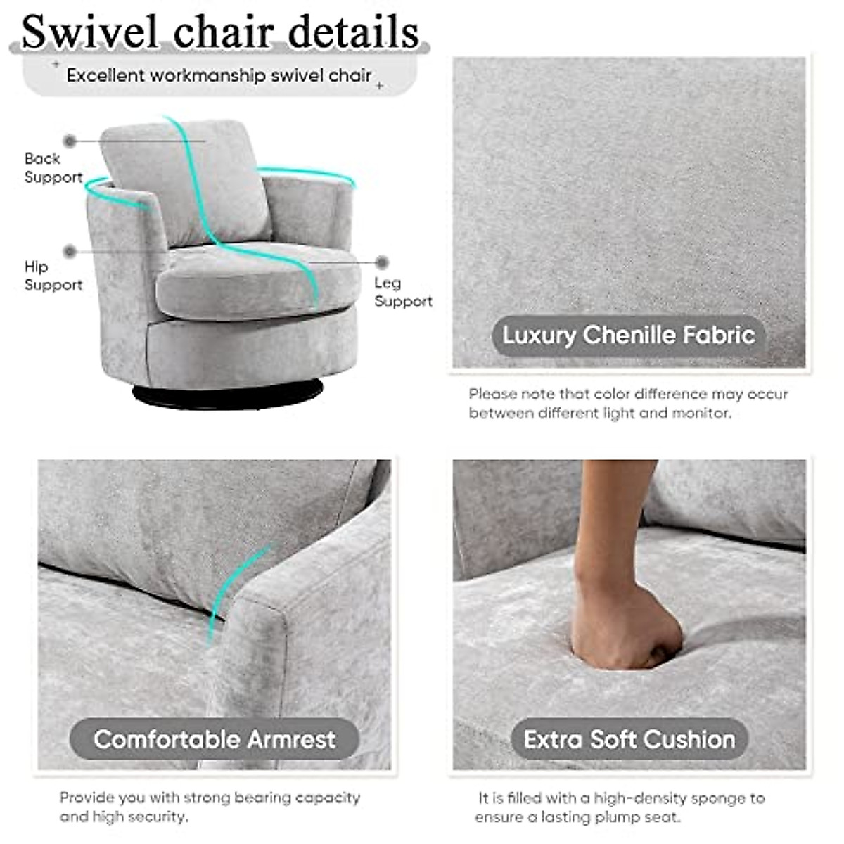 Swivel Accent Chairs Living Room Modern Comfy Round Arm Chairs Upholstered Barrel Swivel Chairs Sillas De Sala Circle Club Chair Cozy Chairs for Small Spaces Bedroom (Grey Chenille, Set of 1)