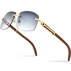 HEPIDEM 100% Really Buffalo Horn Sunglasses for Men,Rimless Square Buffs Sun Glasses (50259 Really Red Wood)