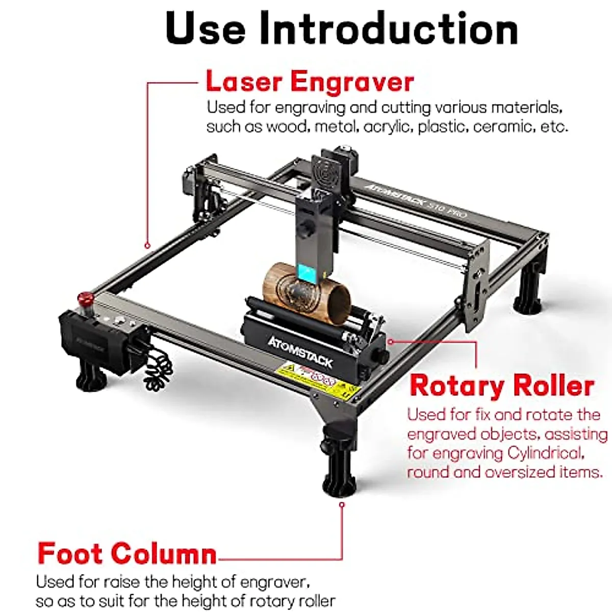 ATOMSTACK R3 Pro Laser Rotary Roller, Engraving Auxiliary Module for Laser Engraver, 360° Y-axis Rotating Roller for Carving of Goblet/Cylindrical/Round/Oversized Objects (R3 Pro Rotary Roller)