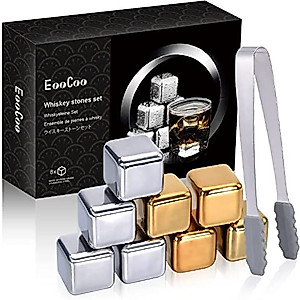 EooCoo Whiskey Stones Set, 4 Golden and 4 Silver Stainless Steel Chilling Ice Cubes Reusable for Whiskey Wine Beverage, Gift for Wedding Father's Day Anniversary Birthday Party Holiday