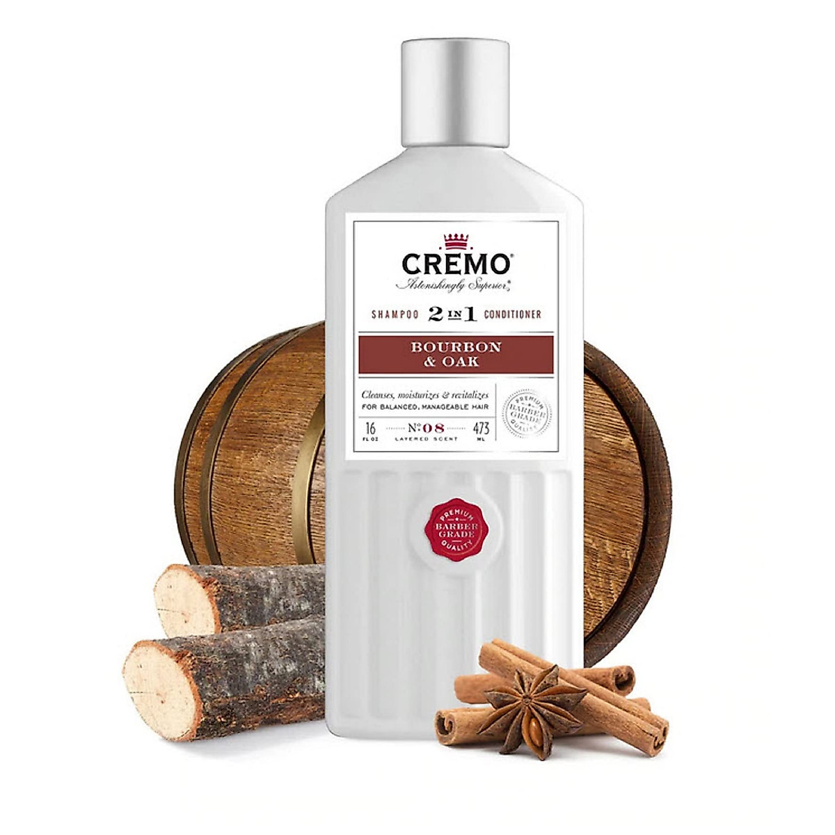 Cremo Bourbon & Oak Barber Grade 2-in-1 Shampoo & Conditioner, 16 Fl Oz (2-Pack) - A Sophisticated Blend of Distiller’s Spice, Fine Bourbon and White Oak
