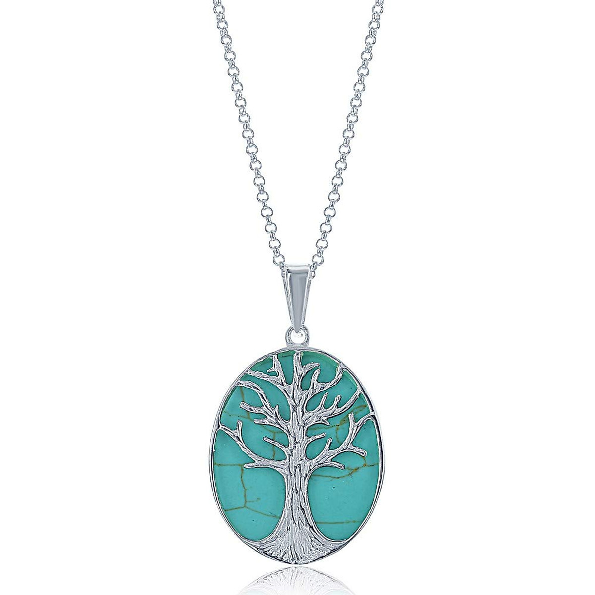Beaux Bijoux Sterling Silver Natural Stone Turquoise Tree of Life Oval Pendant w/ 18" Thick Rolo Chain/Necklace