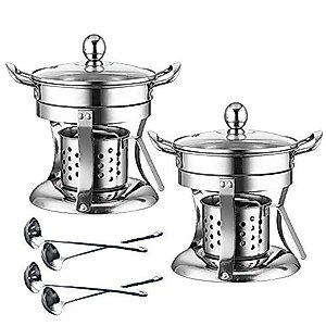Shabu hot pot Stainless Steel Chafing Dishes hotpot single Mini cooking pot Cookware Non-Magnetic Burner with 2 spoons