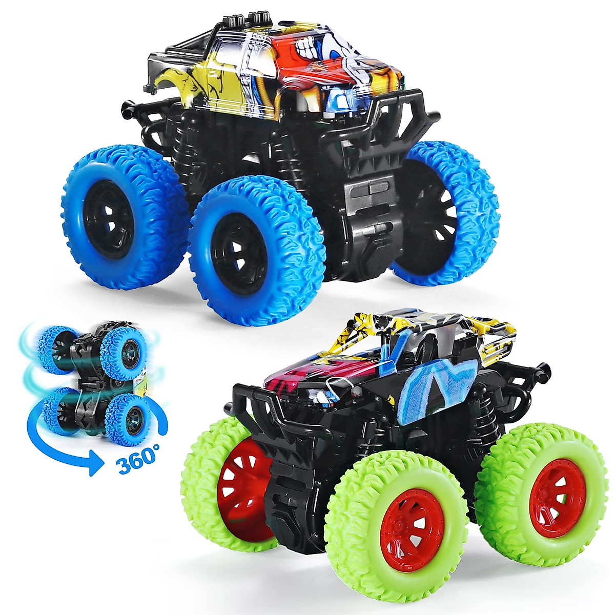 Vioziot Monster Truck for Boys, 2 Pack Push and Go Friction Powered Car Toys,Double-Directions Inertia Vehicle Set,Birthday Christmas Party Gift for Kids Age 3 4 5 6 Year Old