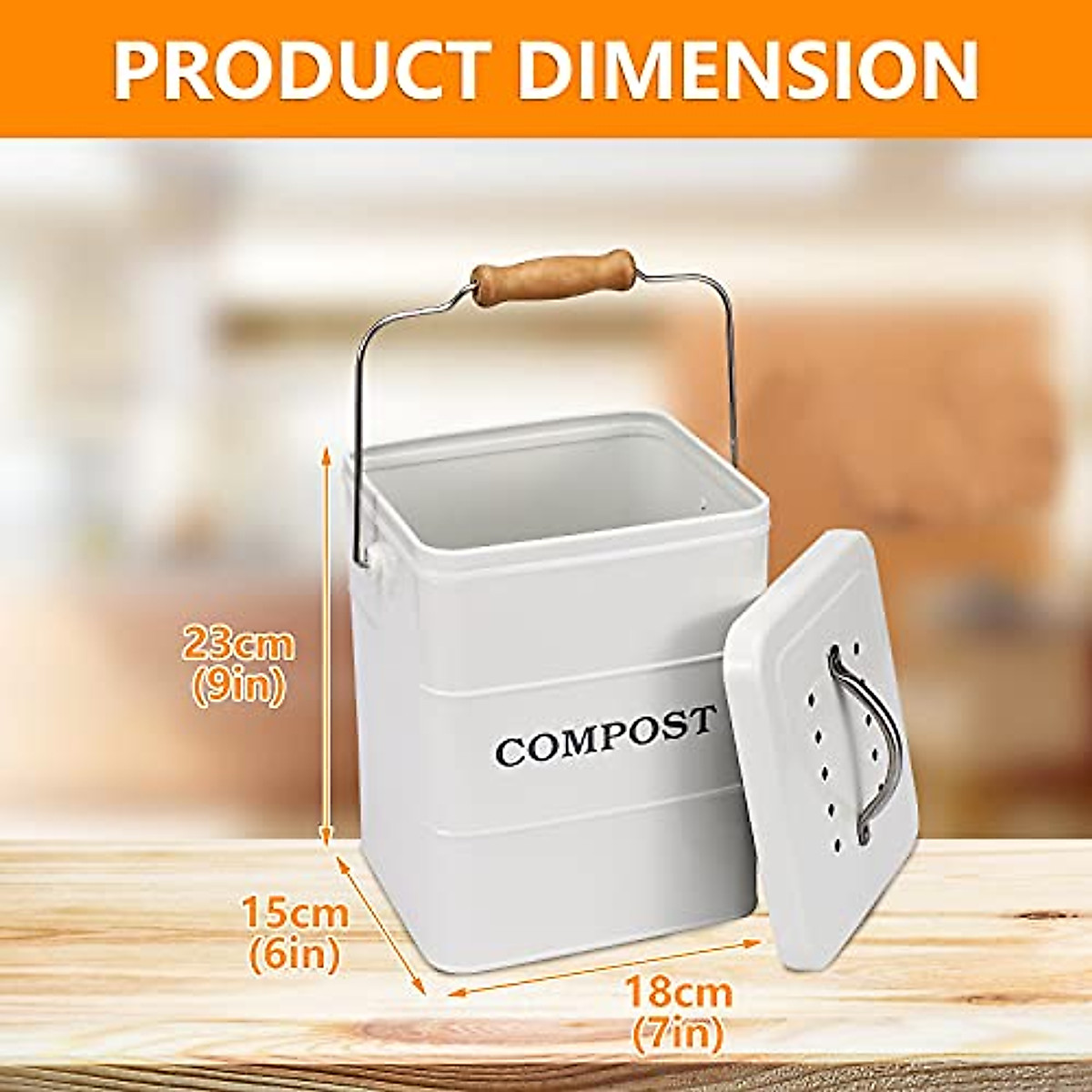 ayacatz Stainless Steel Compost Bin for Kitchen Countertop Compost Bin，1 Gallon, Kitchen Trash Can -Includes Charcoal Filter，Compost Bucket Kitchen Pail Compost with Lid -White