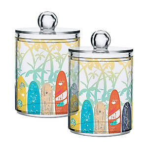 susiyo 2 Pack Bathroom Vanity Storage Organizer Canister Palm Trees Surf Boards Plastic Apothecary Jar Containers Qtip Holder Dispenser for Cotton Balls, Swabs, Makeup Sponges, Bath Salts, Hair Clips