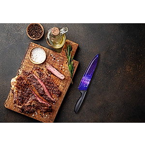 PurpleChef 10 Pieces Purple Galaxy Kitchen Knives Set. Includes 6 Stainless Steel Knives, Scissors, Knife Sharpener, Peeler, and Clear Acrylic Stand.