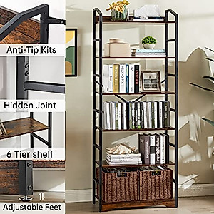 Vagusicc 6 Tier Bookshelf with 2 Storage Baskets, Tall Bookcase Shelf Storage Organizer Wood Book Shelf, Modern Shelf Rack Shelves with Steel Frame, Multipurpose Bookshelf for Bedroom Living Room
