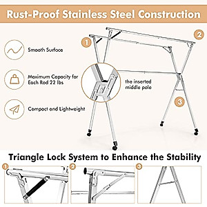 Tangkula Clothes Drying Rack with Wheels, Freestanding Stainless Steel Garment Rack for Laundry, Adjustable and Foldable, No Assembly Need, Space Saving Laundry Drying Rack for Indoor Outdoor
