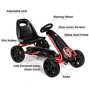 Costzon Pedal Go Kart for Kids, 4 Wheels Pedal Powered Ride on Toy, Outdoor Racer Children's Foot on Riding Car w/Adjustable Seat, Rubber Tires & 2 Brakes for Boys & Girls Age 3 to 8 (Black)