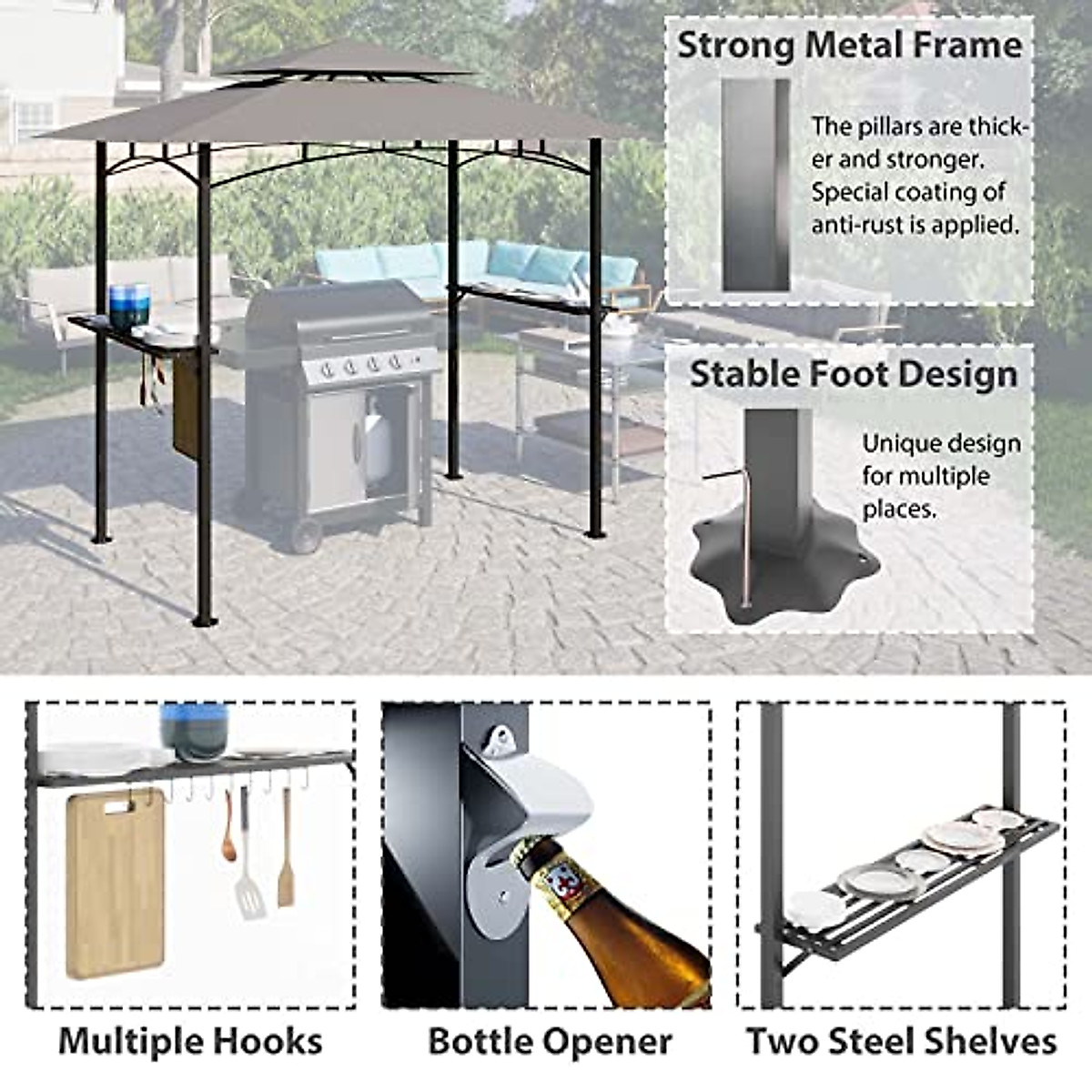 Grill Gazebo 8X 5 FT Double Tiered BBQ Gazebo Grill Canopy with 2 Side Shelves, 5 Hooks and Bottle Opener, Patio Canopy Tent, Outdoor Gazebo Tent Outdoor BBQ Canopy (Gray)