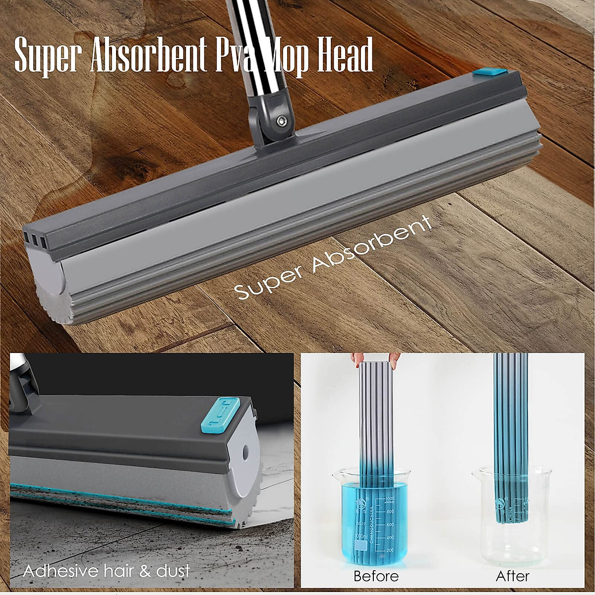 Gadhra PVA Sponge Mop and Bucket Set with 4 Sponge Mop Head Replacement, Ultra Absorbent Sponge, Wet and Dry Separation, Professional Sponge Mops for Floor Cleaning