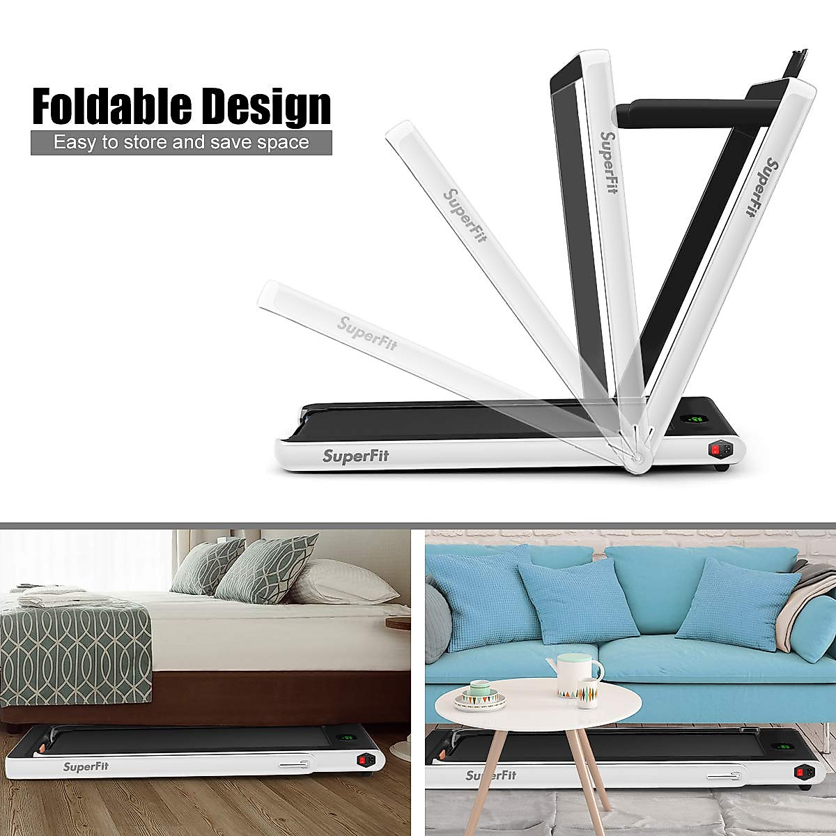 GYMAX Walking Pad, 2.25HP Foldable Treadmill with Smart App & Remote Control, Bluetooth LED Monitor, Small Spaces Compact Running Machine, Folding Portable Under Desk Treadmill for Home Office (White)