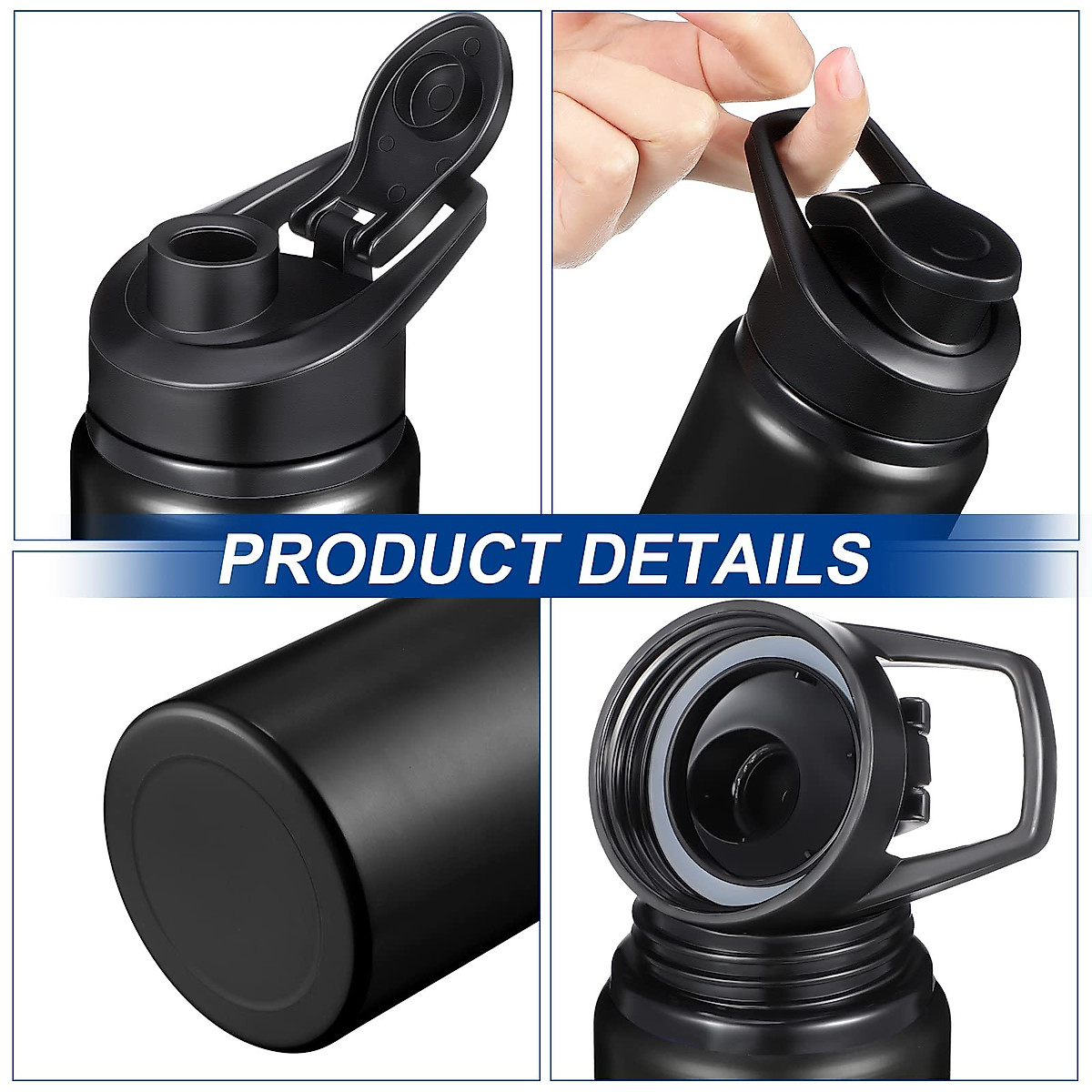 Potchen 20 Pack Aluminum Water Bottles 20 Oz Metal Sports Bottles with Snap Lids Portable Bike Water Reusable Travel Container with Handle Bulk Pack School Supplies(Black)